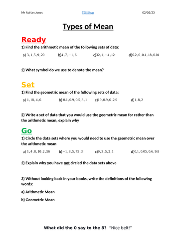 GCSE Statistics: Arithmetic Geometric Mean | Teaching Resources