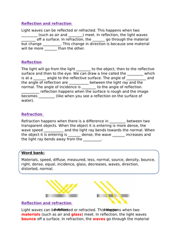 Reflection/refraction fill in the gaps | Teaching Resources