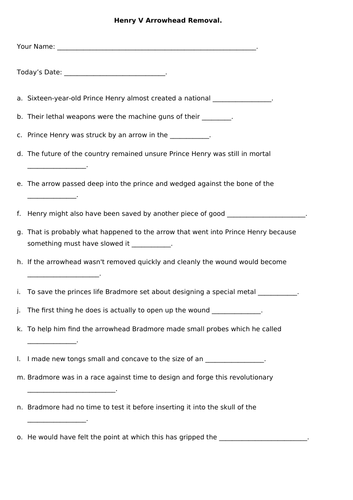 Henry V Arrowhead Removal Video Questions | Teaching Resources