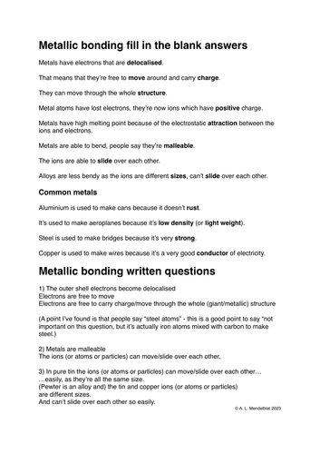 Metallic bonding combined lesson plan: presentation, worksheets, notes ...