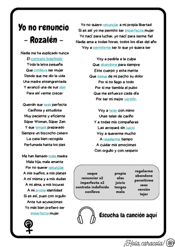 Spanish A-level. La igualdad de sexos - Yo no renuncio, de Rozalén ...