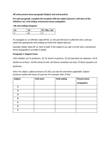 AR verbs subject and verb practice paragraph | Teaching Resources