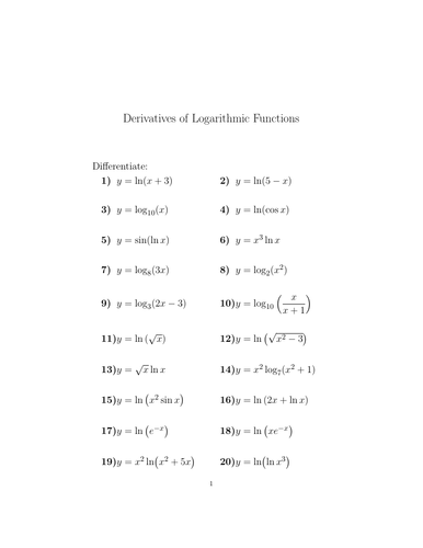 Derivatives of Logarithmic Functions Worksheet (with solutions ...