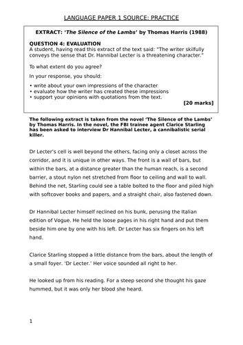 AQA GCSE English Language P1 Q4 Revision- The Silence of the Lambs ...