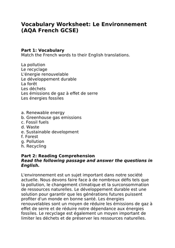 Vocabulary Worksheet: Le Environnement (AQA French GCSE) | Teaching ...