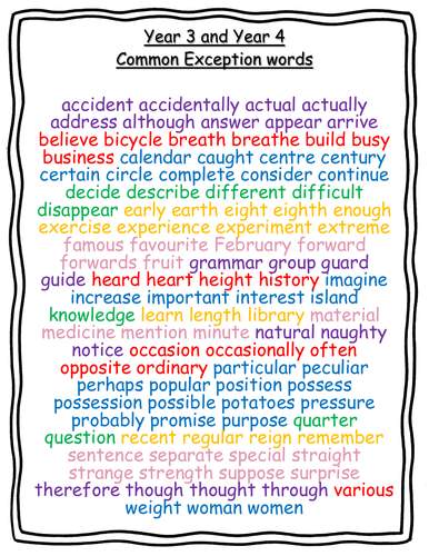 Year 3 and Year 4 common exception words in reading comprehension ...