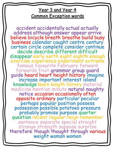 Year 3 and Year 4 common exception words in reading comprehension ...