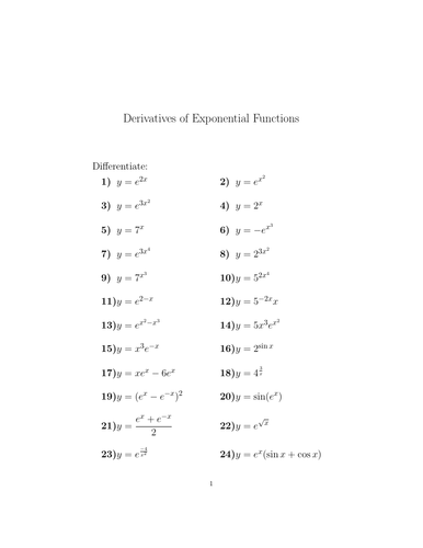 Derivatives of Exponential Functions Worksheet (with solutions) | Teaching Resources