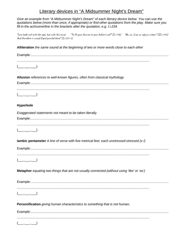 A Midsummer Night’s Dream: literary devices | Teaching Resources