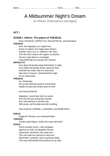 A Midsummer Night's Dream (abridged) | Teaching Resources