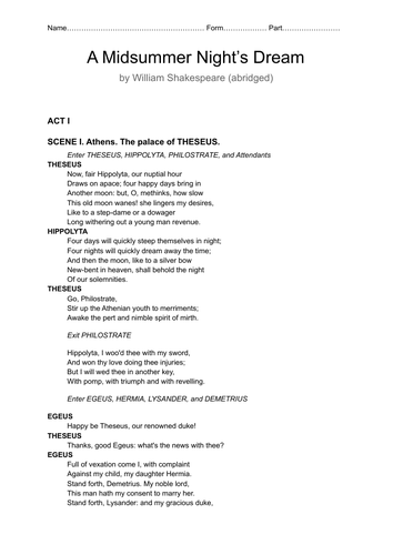 A Midsummer Night's Dream (abridged) | Teaching Resources