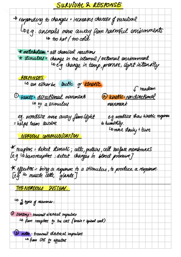 SURVIVAL & RESPONSE A LEVEL BIO NOTES!! | Teaching Resources