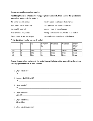 Regular preterit intro reading practice | Teaching Resources
