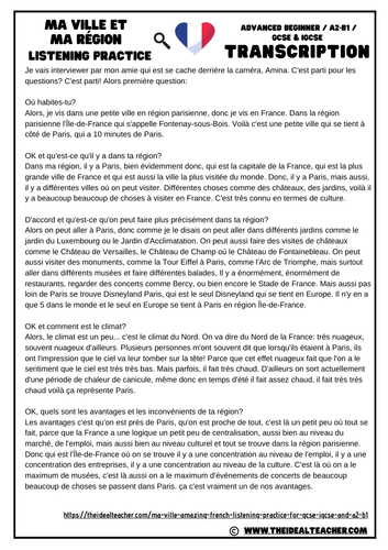 Ma Ville et Ma Région GCSE French Listening Practice | Teaching Resources