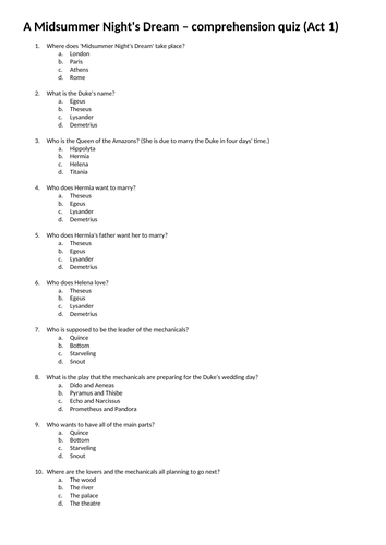 A Midsummer Night's Dream comprehension quiz | Teaching Resources
