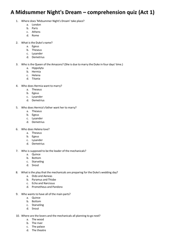 A Midsummer Night's Dream comprehension quiz | Teaching Resources
