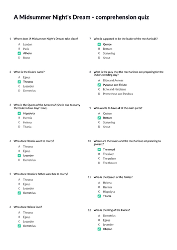 A Midsummer Night's Dream comprehension quiz | Teaching Resources