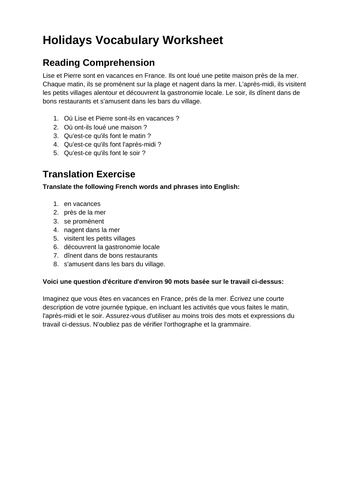 Holidays Vocabulary Worksheet AQA French GCSE | Teaching Resources