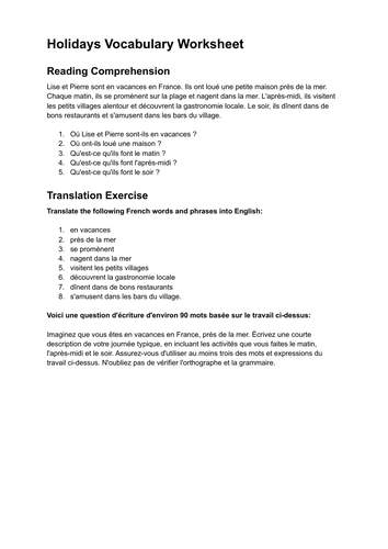 Holidays Vocabulary Worksheet AQA French GCSE | Teaching Resources