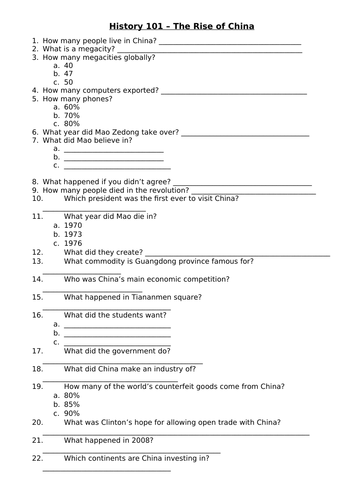 History 101 - The Rise of China Questions | Teaching Resources