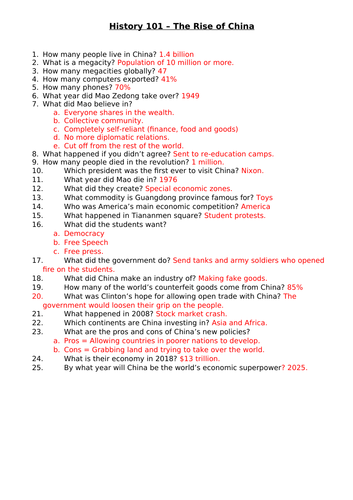 History 101 - The Rise of China Questions | Teaching Resources
