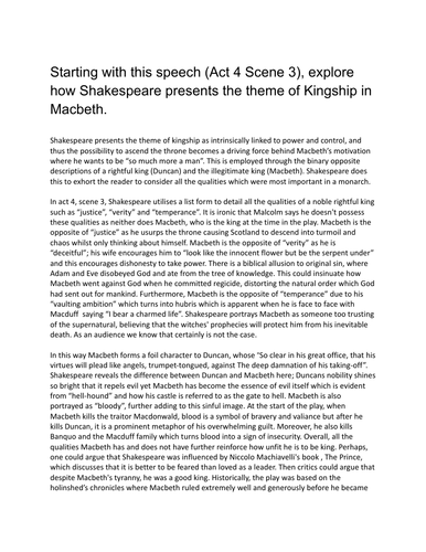 Grade 9 Kingship in Macbeth Essay (Act 4 Scene 3, and whole play ...