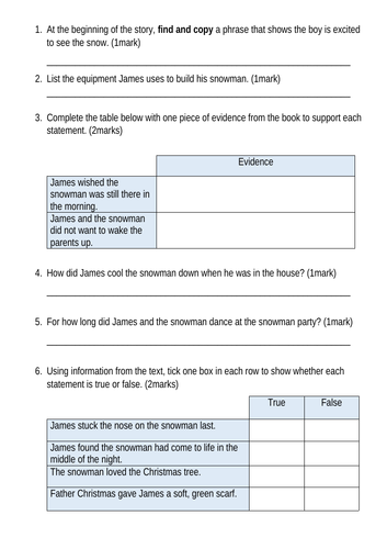 The Snowman Reading Comprehension | Teaching Resources