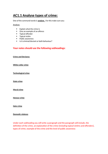 Criminology Unit 1 LO1 Lesson Resources and Workpack | Teaching Resources