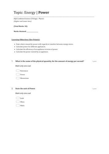 AQA GCSE Physics: Energy-Power - Revision Questions & Answers [2023 ...