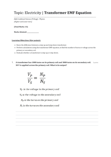 AQA GCSE Physics: EMF Transformer Equation - Revision Questions ...