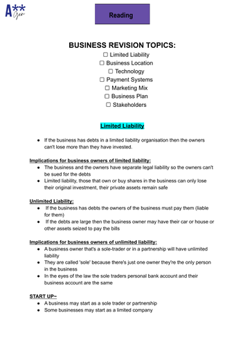 Edexcel Business GCSE Revision Comprehension Pack | Teaching Resources
