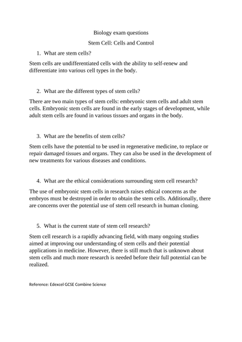 GCSE Biology Questions on stem stems | Teaching Resources