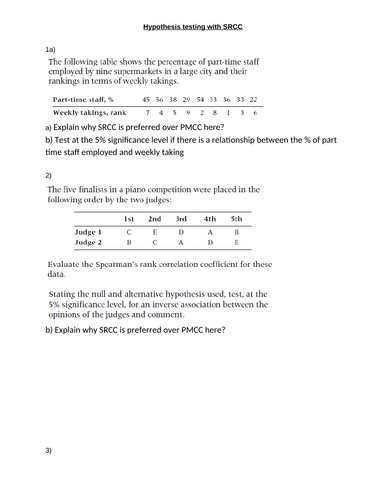 Edexcel A Level Statistics: PMCC And SRCC With Hypothesis, 01/01/2024