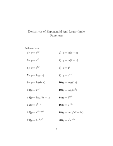 Derivatives of Exponential And Logarithmic Functions Worksheet (with ...