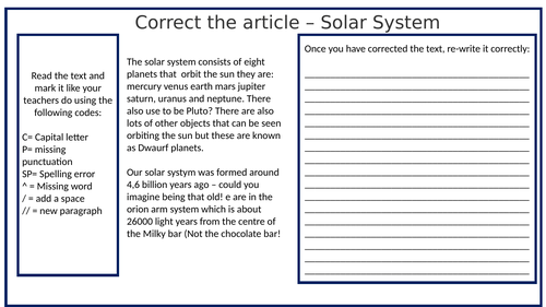 The Solar System - Editing and correcting sheet | Teaching Resources