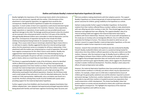 Bowlby's Maternal Deprivation Hypothesis 16 mark Question Model Answer ...