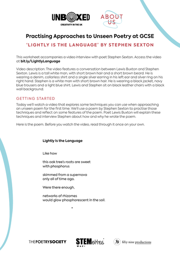 GCSE Unseen Poetry Practice: Lightly Is the Language | Teaching Resources