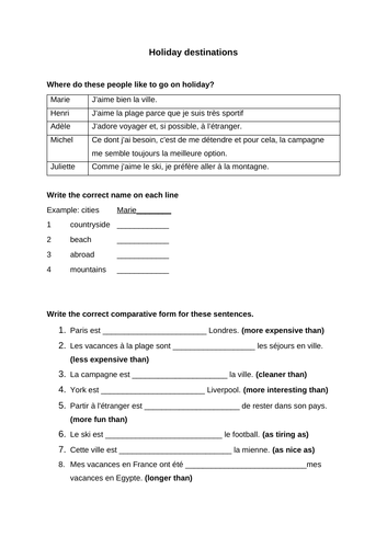 French GCSE - Holidays and comparisons | Teaching Resources
