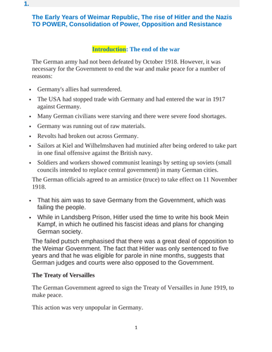 The Early Years of Weimar Republic, The Rise of Nazi party, and Hitlers ...