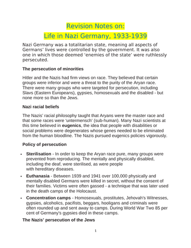 HISTORY Revision Note on : PAPER1. LIFE IN NAZI GERMANY | Teaching ...