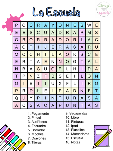 Word search | The School in Spanish | Sopa de letra La Escuela ...