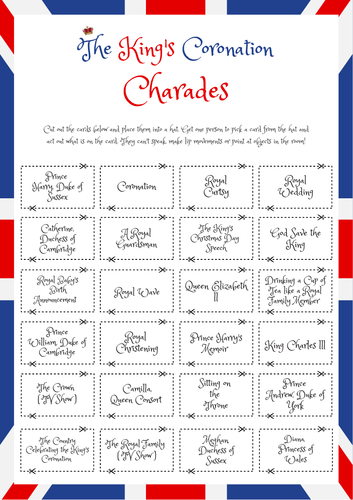 The Kings Coronation Royal Charades Group Game X24 Cards. Role Play ...