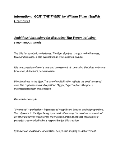KEY VOCABULARY FOR STUDYING "THE TYGER" iGCSE ENGLISH LITERATURE ...