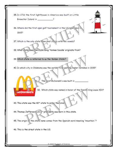 UNITED STATES FUN FACTS & TRIVIA INTERNET SCAVENGER HUNT (WebQuest ...