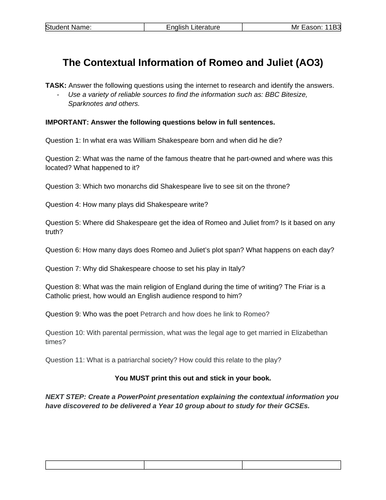 GCSE Romeo and Juliet: Context Worksheet | Teaching Resources
