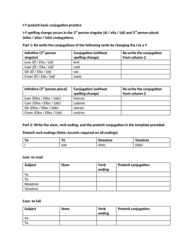 I-Y preterit basic conjugation practice | Teaching Resources