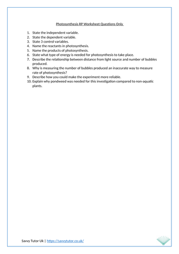 Photosynthesis RP Worksheet Questions Only | Teaching Resources