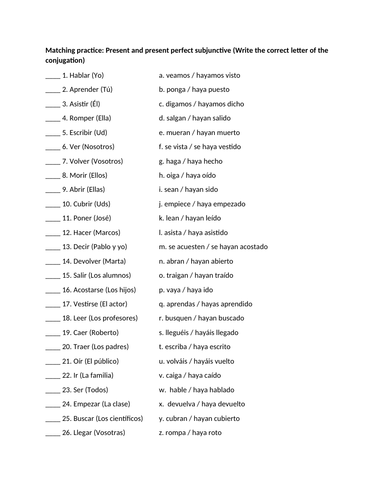 Present and present perfect subjunctive matching practice | Teaching ...