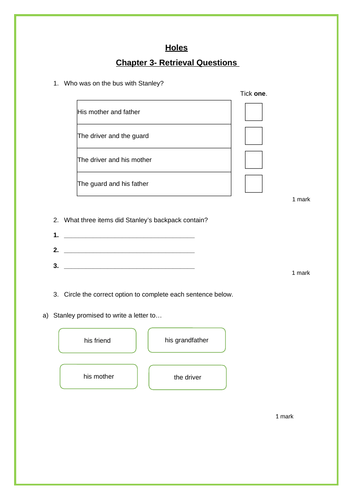 UKS2 SATs style Retrieval Questions- Holes Chapter 3 | Teaching Resources