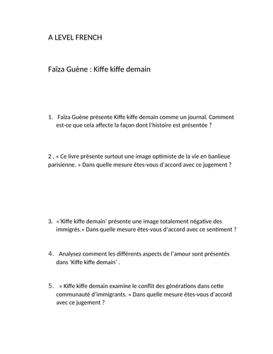 Kiffe Kiffe Demain A Level French - a bank of essay questions ...